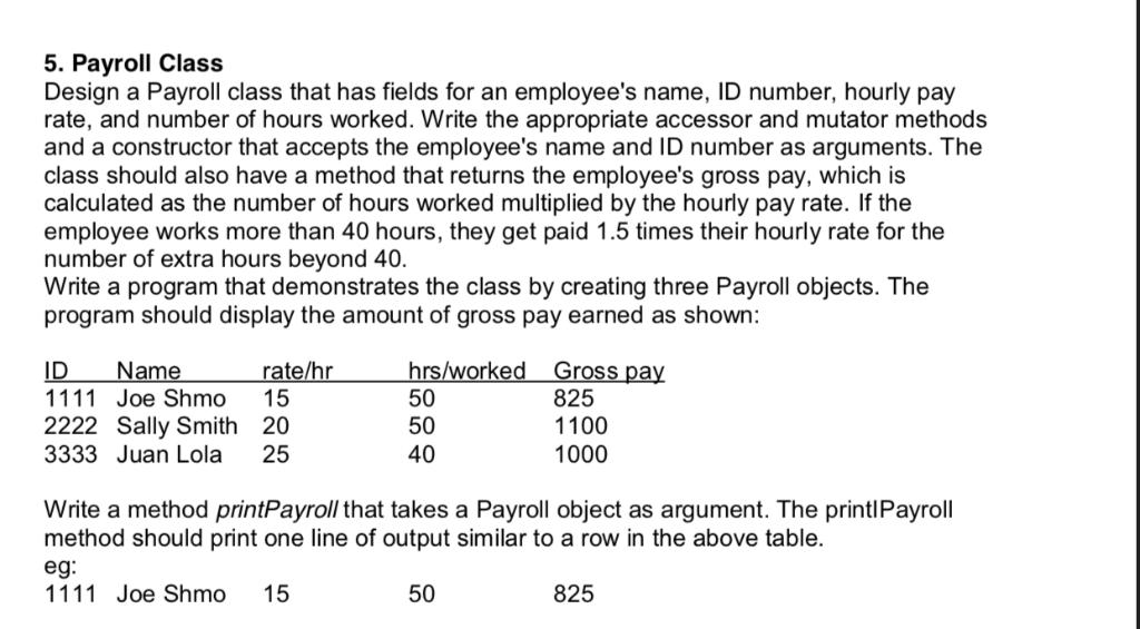 Solved 5. Payroll Class Design a Payroll class that has | Chegg.com