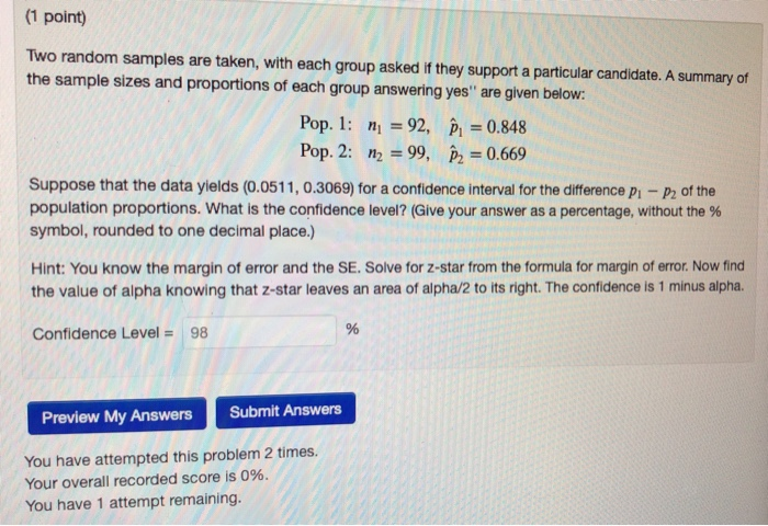 Solved (1 point) Two random samples are taken, with each | Chegg.com