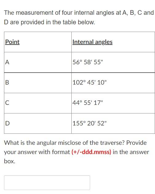 Solved The measurement of four internal angles at A,B,C and | Chegg.com