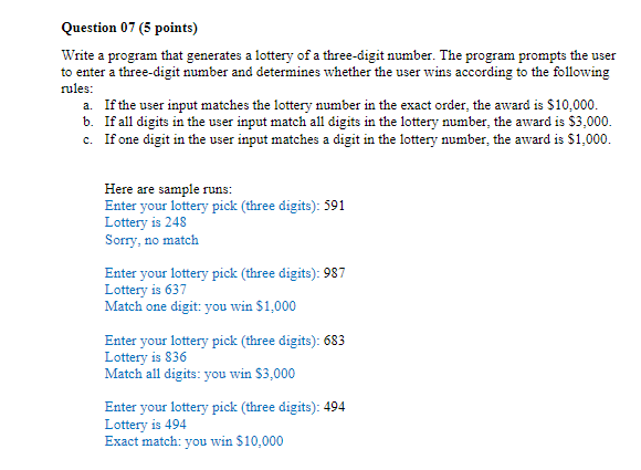 Solved Question 07 (5 points) Nrite a program that generates | Chegg.com Solved Question 07 (5 points) Nrite a program that generates | Chegg.com