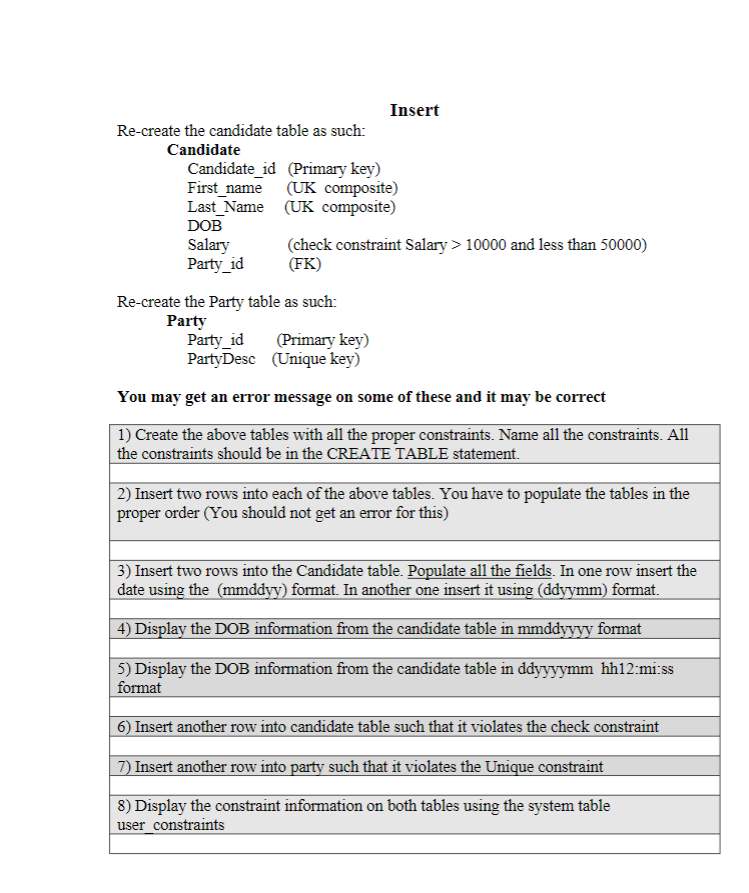 Solved Insert Re-create the candidate table as such: | Chegg.com