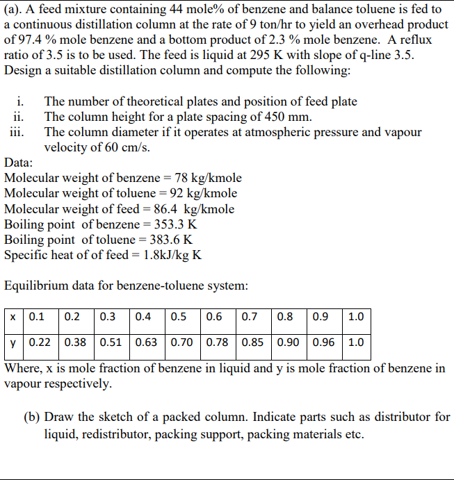Solved (a). ﻿A feed mixture containing 44 ﻿mole % of | Chegg.com