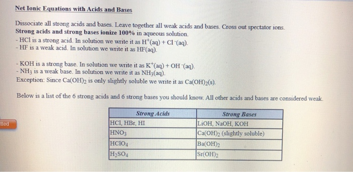 Solved Net Ionic Equations with Acids and Bases Dissociate | Chegg.com