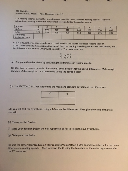 Solved 210 Statistics Inferences on 2 Means-Paired | Chegg.com