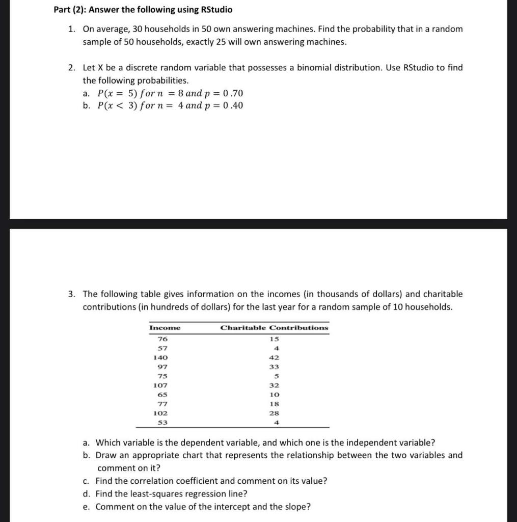 Solved Part (2): Answer the following using RStudio 1. On | Chegg.com
