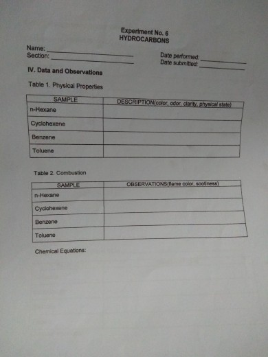 Solved Experiment No. 6 HYDROCARBONS Name: Section Date | Chegg.com