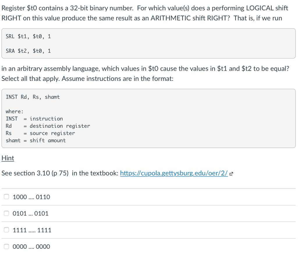 Solved Register $tO contains a 32-bit binary number. For | Chegg.com