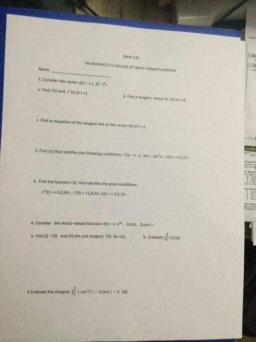 Solved Math 233 Worksheet 11 6 Calculus Of Vector Valued