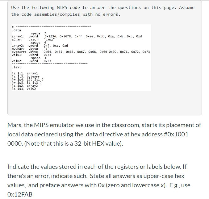 Use the following MIPS code to answer the questions | Chegg.com
