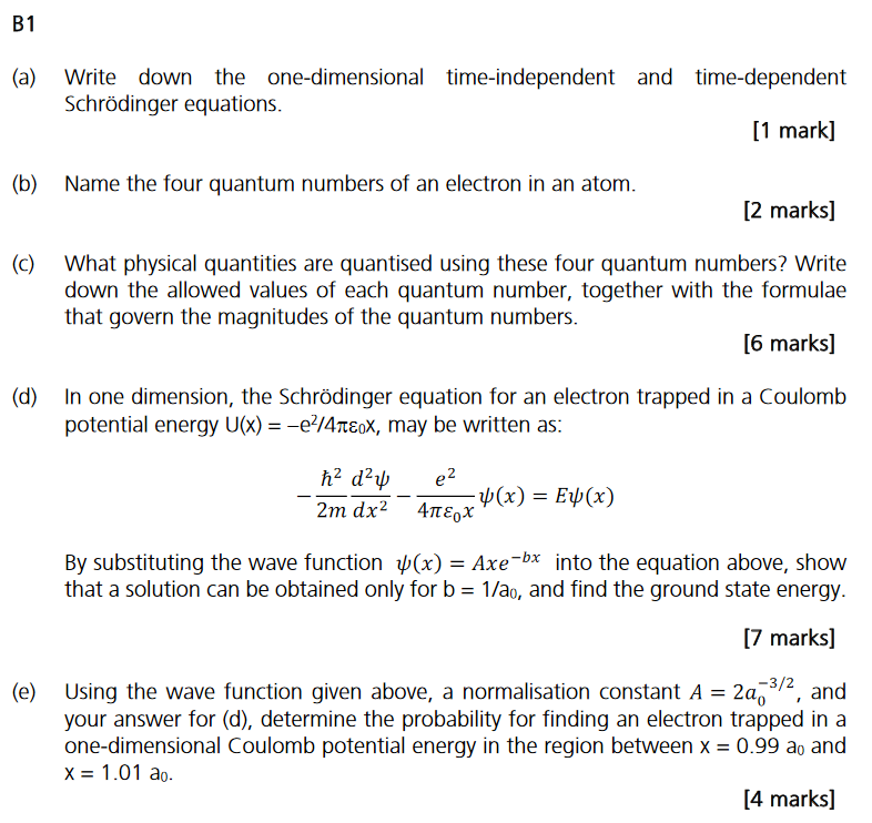 Solved B1 (a) Write down the one-dimensional | Chegg.com