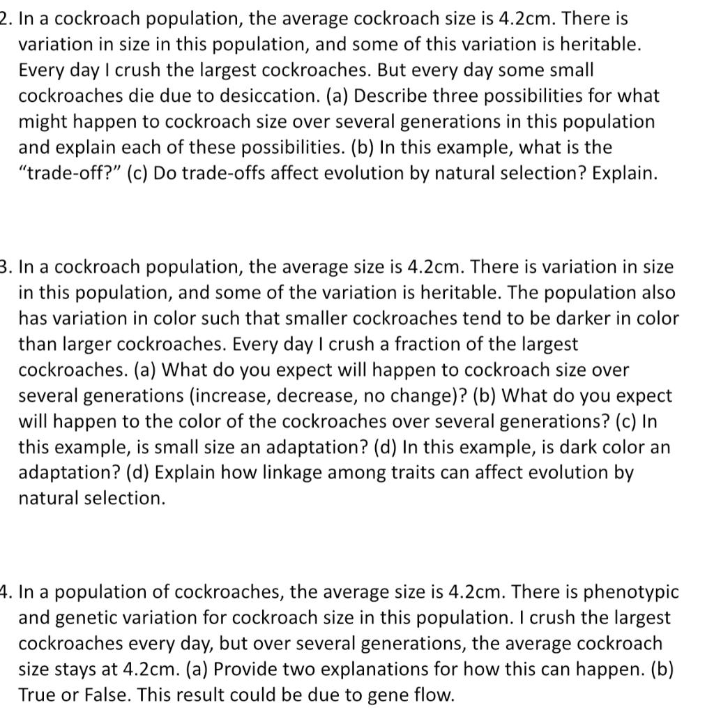2. In a cockroach population, the average cockroach | Chegg.com
