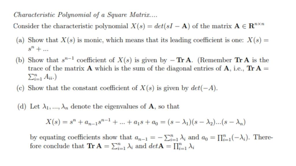 Solved Characteristic Polynomial of a Square Matrir.... | Chegg.com