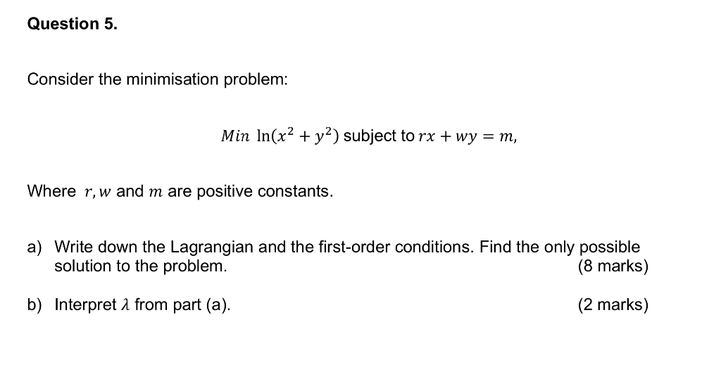 Solved Question 5. Consider the minimisation problem: Min | Chegg.com