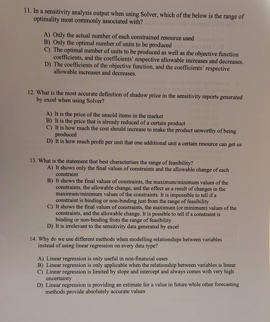Solved 11. In a sensitivity analysis output when using | Chegg.com