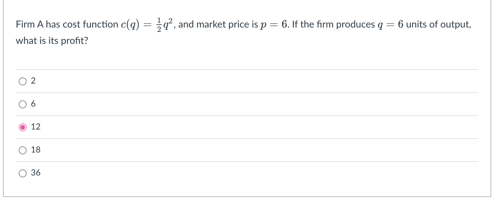 Solved Firm A has cost function c(q)=12q2, ﻿and market price | Chegg.com