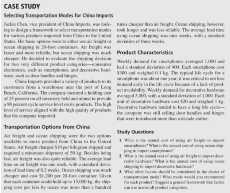Solved CASE STUDY Selecting Transportation Modes for China | Chegg.com