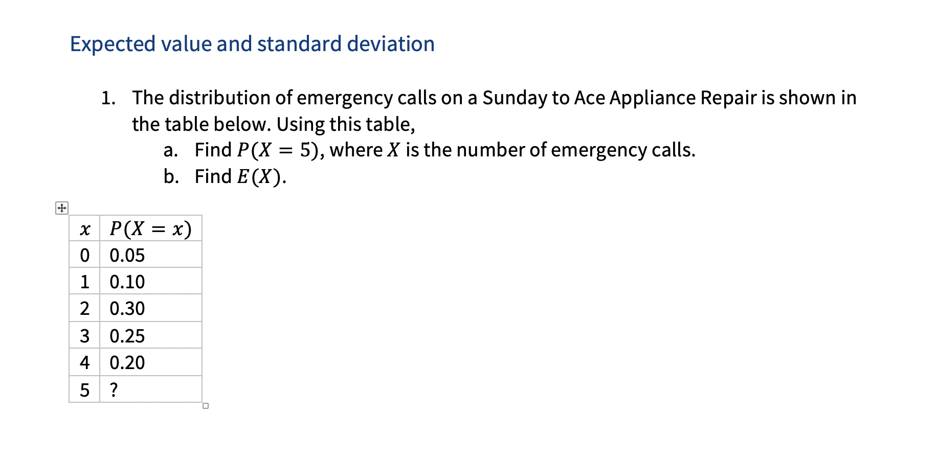 Solved Expected value and standard deviation 1. The | Chegg.com