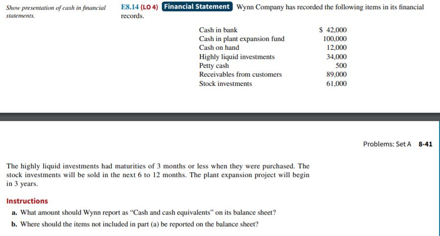 Solved Show presentation of cash in financial statements. | Chegg.com