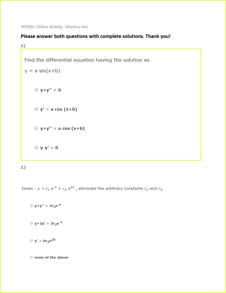 Solved DIFEQU: Online Activity - Mastery test Please answer | Chegg.com