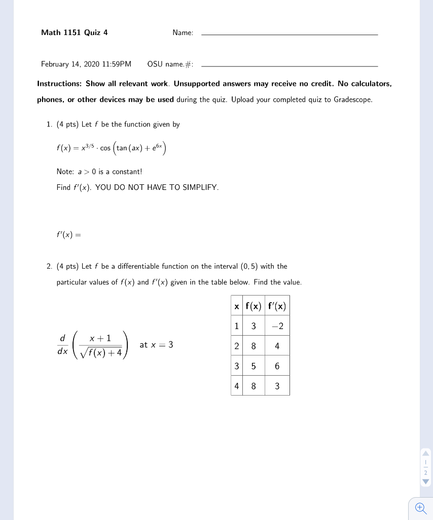 Solved Math 1151 Quiz 4 Name: February 14, 2020 11:59PM OSU | Chegg.com