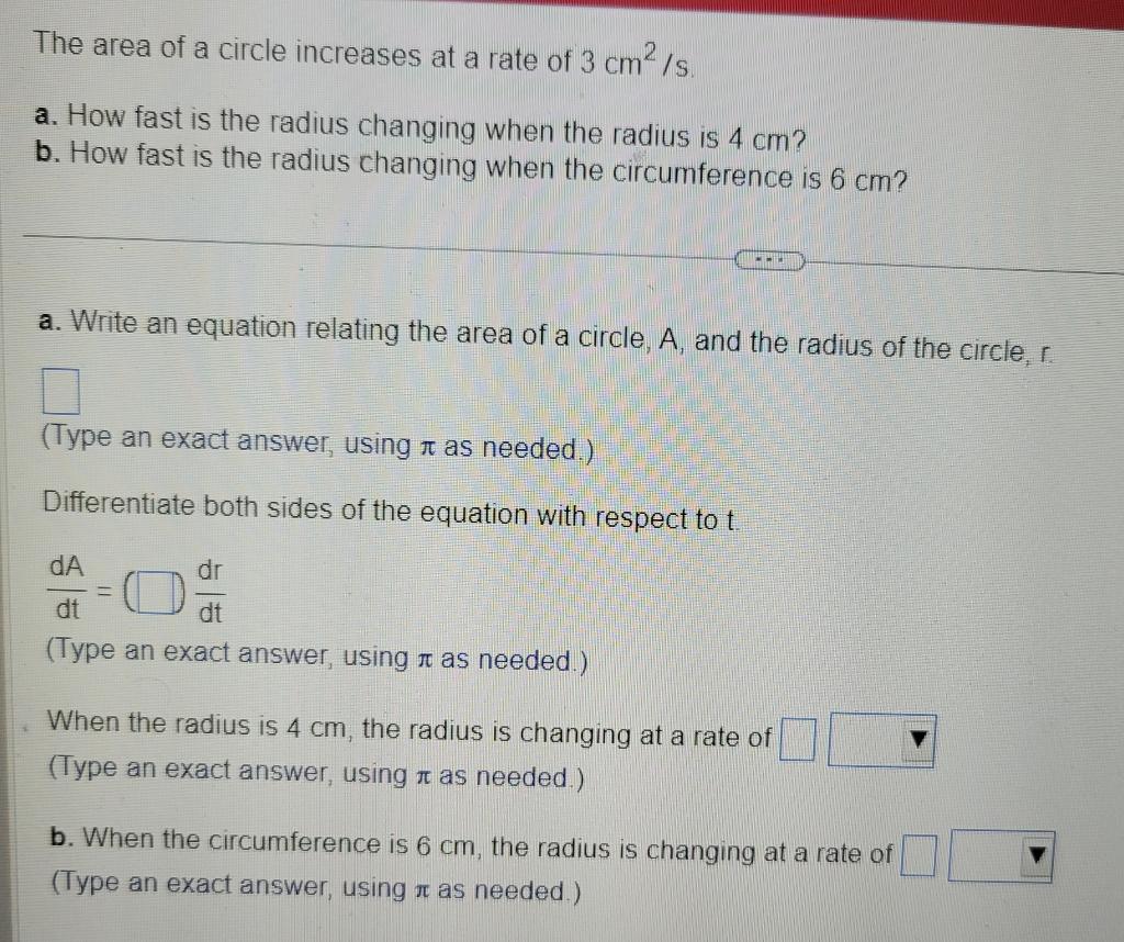 Solved The area of a circle increases at a rate of 3 cm2/s. | Chegg.com