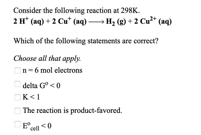 Solved Consider the following reaction at 298K. 2 H+ (aq) + | Chegg.com