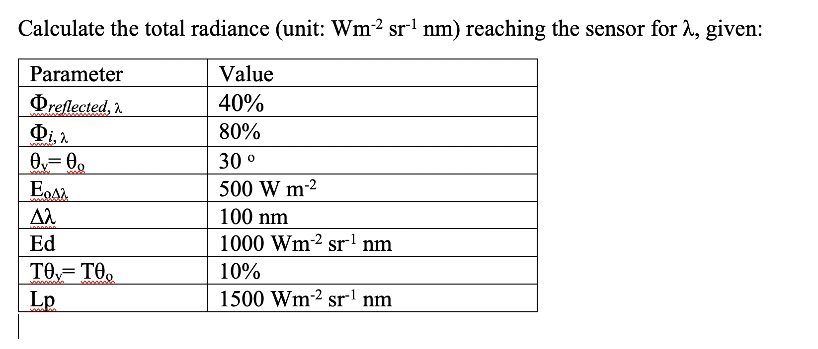 Solved Calculate the total radiance (unit: Wm2 srl nm) | Chegg.com