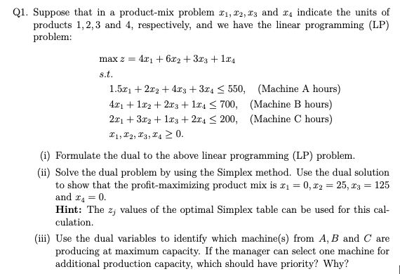Solved Q1. Suppose that in a product-mix problem x1,x2,x3 | Chegg.com