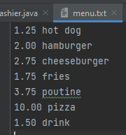 Solved zashier.javax menu.txt x 1.25 hot dog 2.00 hamburger | Chegg.com