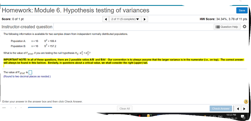Solved Homework Module 6 Hypothesis Testing Of Variances