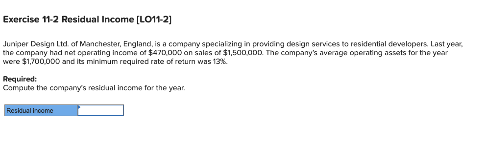 Solved Exercise 11-2 Residual Income (L011-2] Juniper Design | Chegg.com