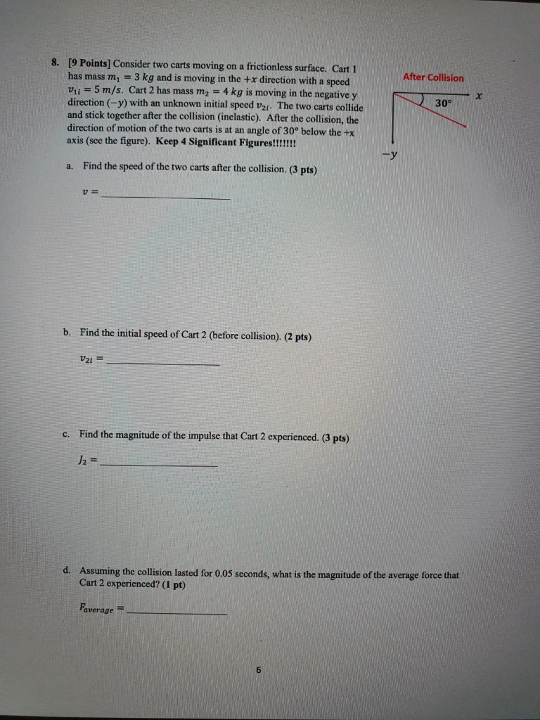 Solved After Collision 8. [9 Points] Consider two carts | Chegg.com