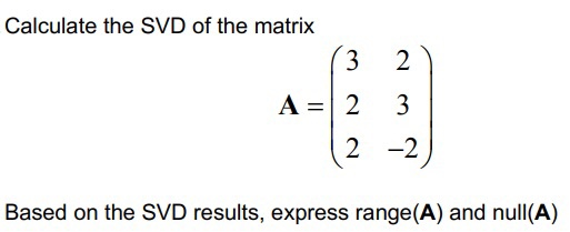 Solved Calculate the SVD of the matrix 3 2 A 2 3 2 -2 Based | Chegg.com