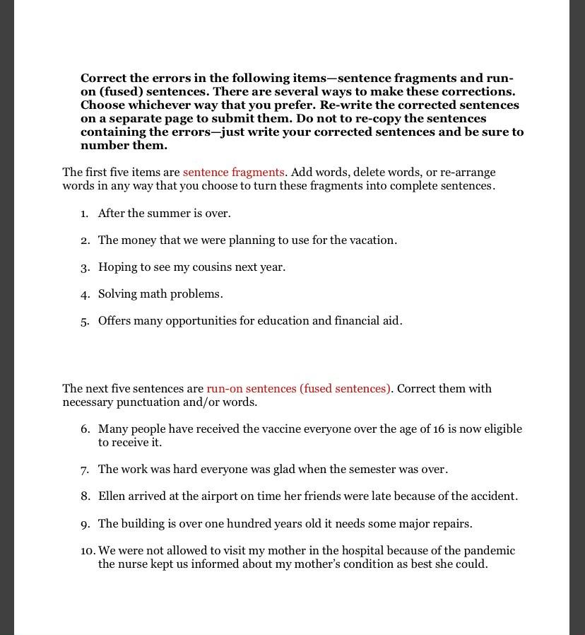 Solved Correct the errors in the following items-sentence | Chegg.com