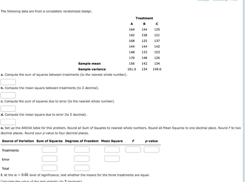 Solved The following data are from a completely randomized | Chegg.com