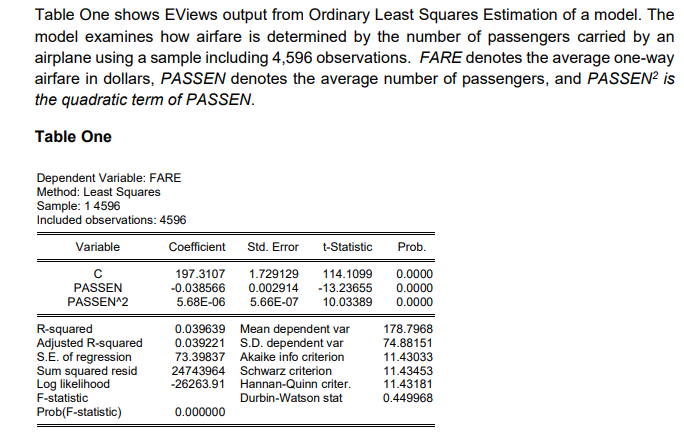 Solved Table One shows EViews output from Ordinary Least | Chegg.com