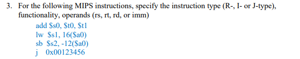 Solved 3. For the following MIPS instructions, specify the | Chegg.com