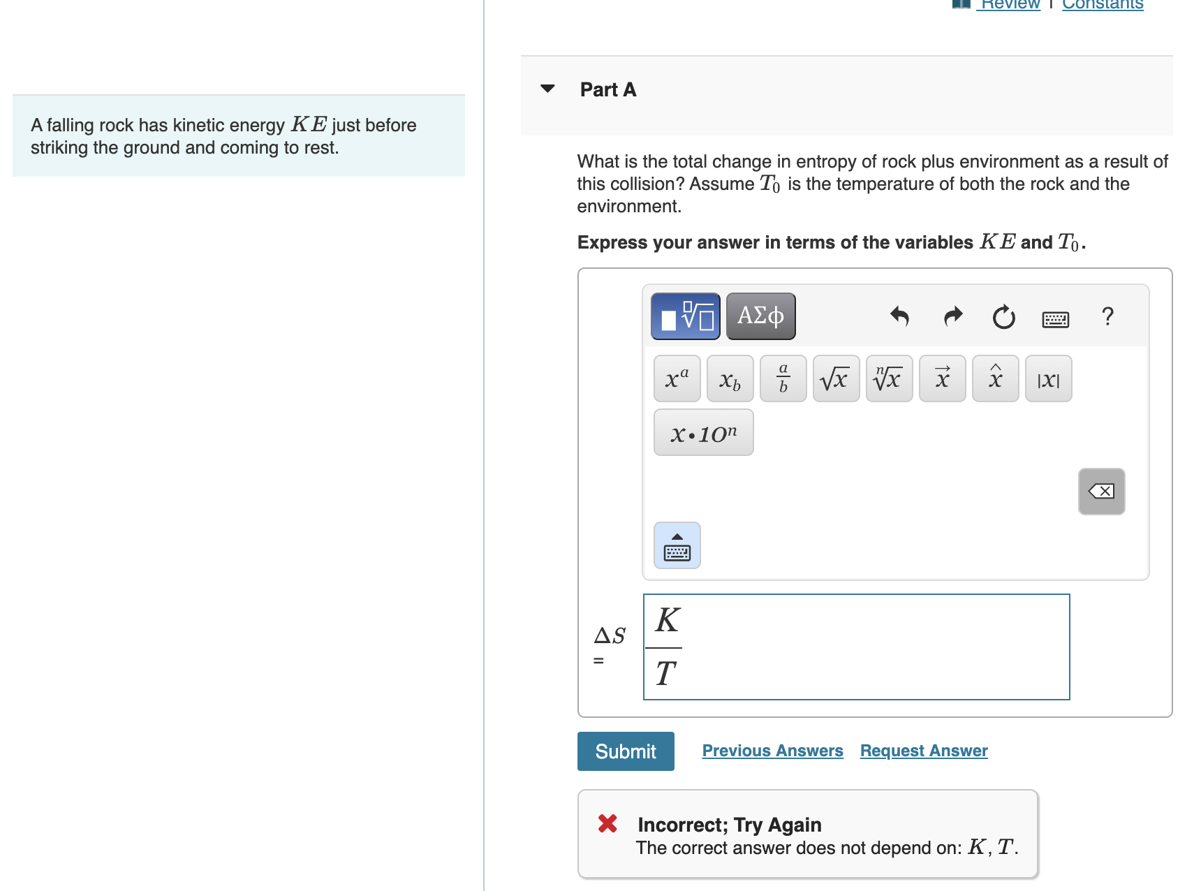 Solved A falling rock has kinetic energy KE just before | Chegg.com