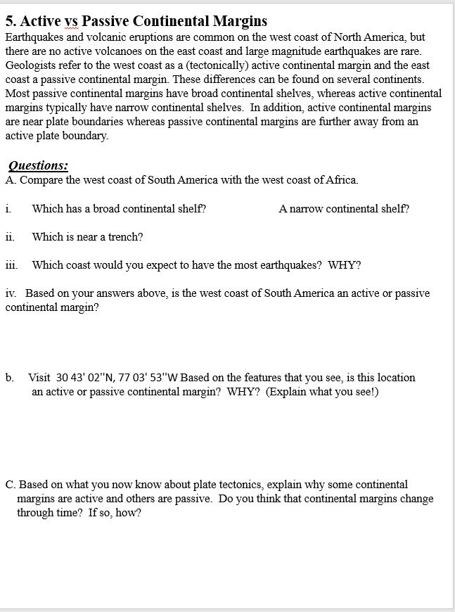 Solved 5. Active vs Passive Continental Margins Earthquakes | Chegg.com