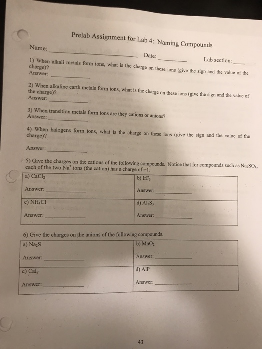 Solved Prelab Assignment for Lab 4: Naming Compounds Name: | Chegg.com