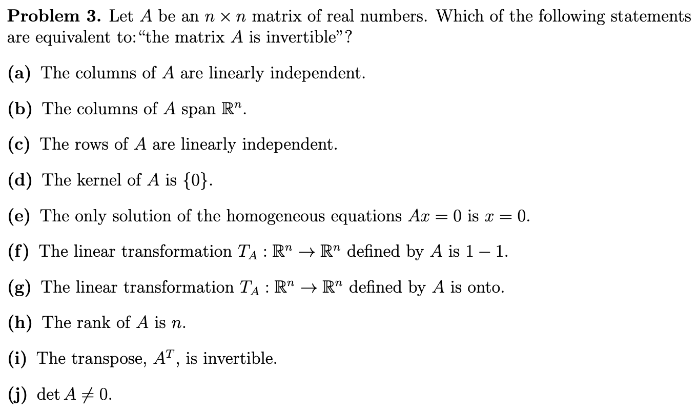Solved Problem 3. Let A be an n×n matrix of real numbers. | Chegg.com