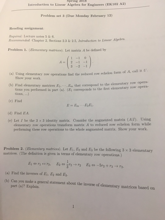 Solved Spring 2018 Introduction to Linear Algebra for | Chegg.com
