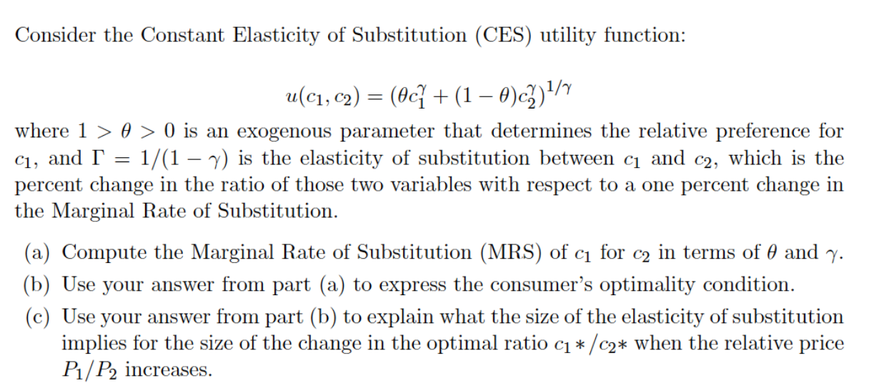 Solved Consider the Constant Elasticity of Substitution | Chegg.com