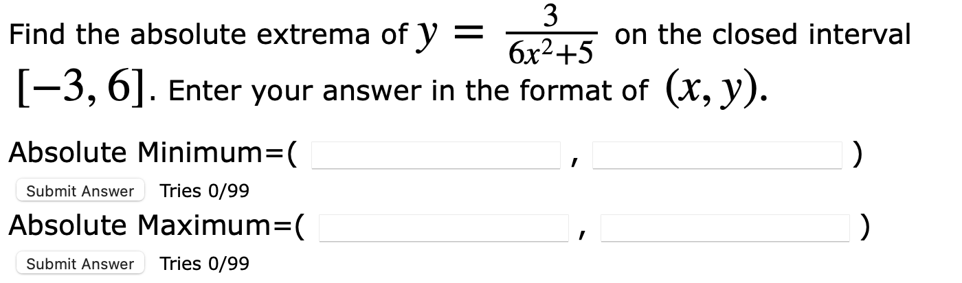 Solved Find the absolute extrema of y=6x2+53 on the closed | Chegg.com