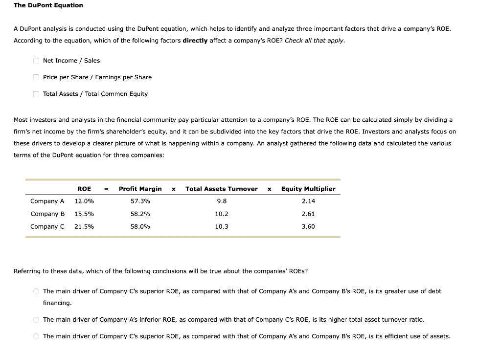 Solved A DuPont analysis is conducted using the DuPont | Chegg.com