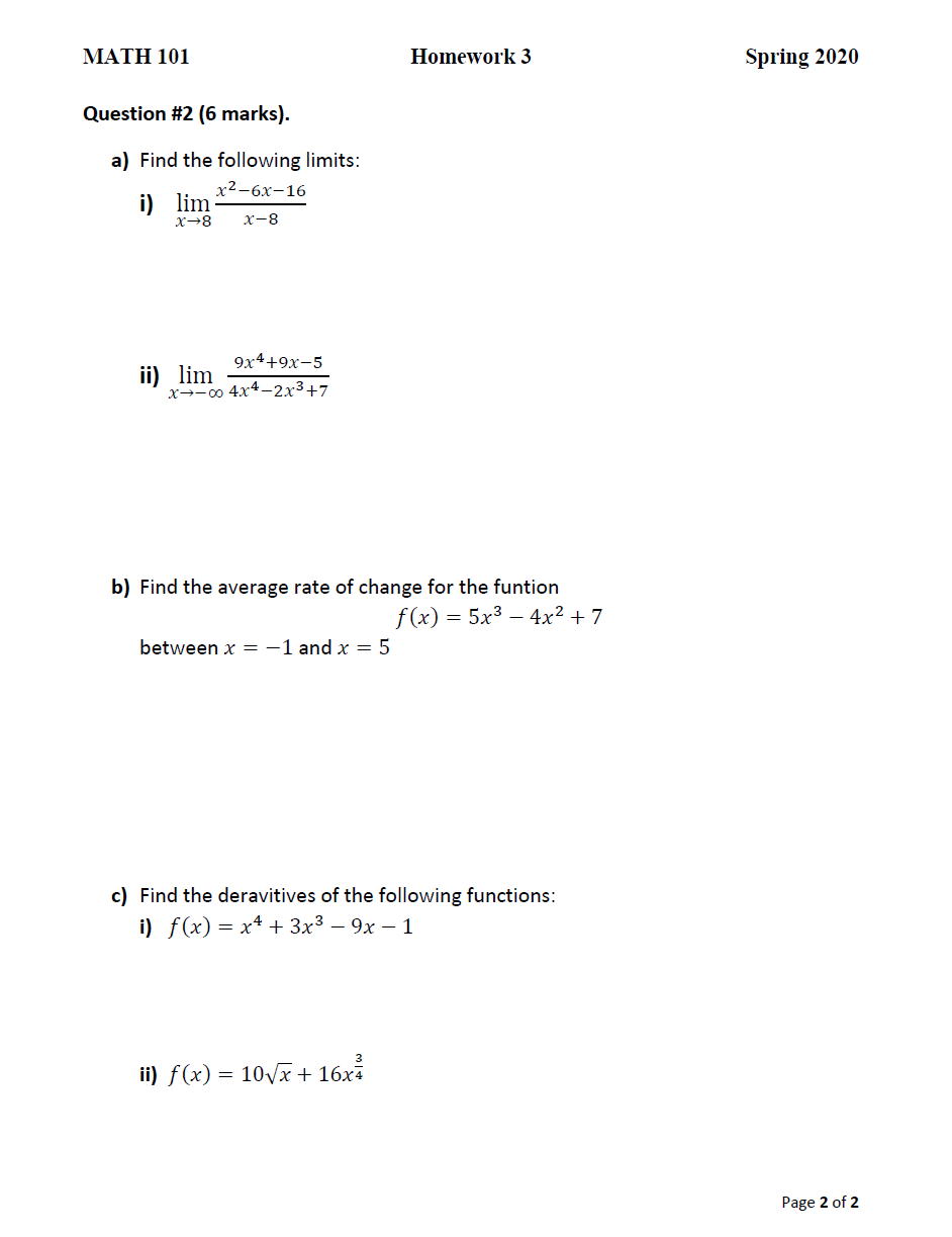 Solved MATH 101 Homework 3 Spring 2020 Question #2 (6 | Chegg.com