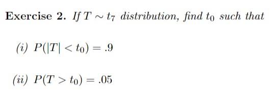 Solved Exercise 2. If T~t7 distribution, find to such that | Chegg.com