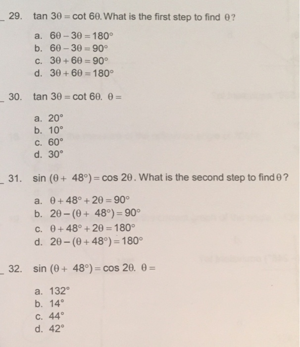 Solved 29. tan 3θ cot 60.What is the first step to find θ? | Chegg.com