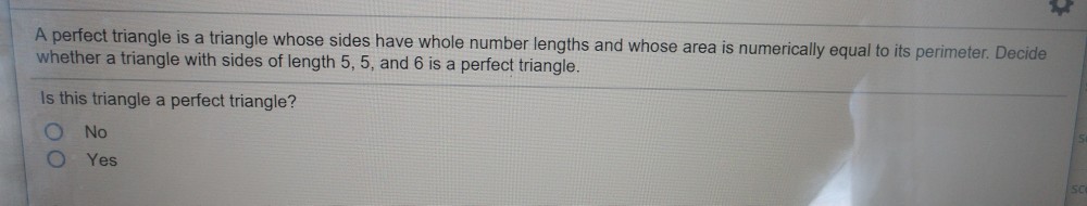Solved A perfect triangle is a triangle whose sides have | Chegg.com