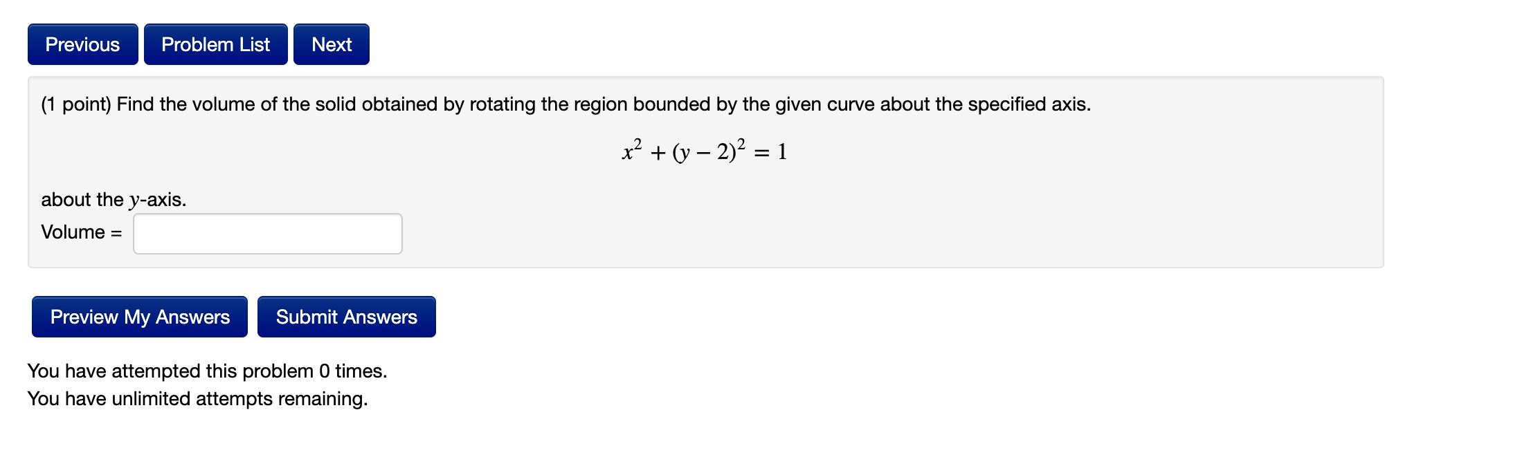 Solved Previous Problem List Next (1 point) Find the volume | Chegg.com